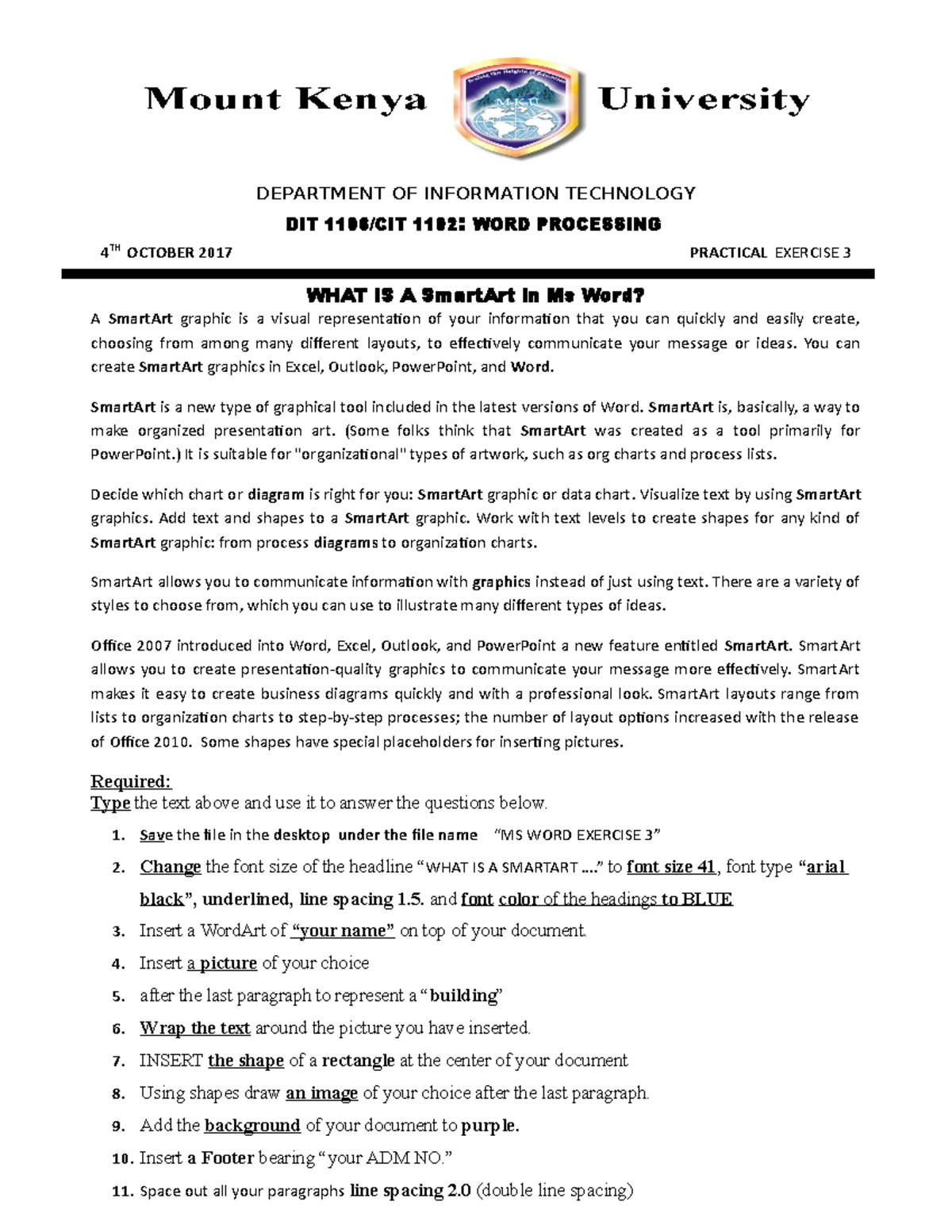 WORD Processing Exercise 3 Practicals DEPARTMENT OF INFORMATION