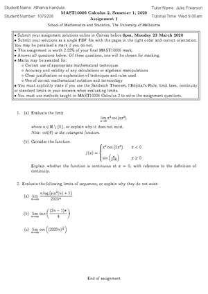 Calculus 2 tutorial worksheet 2 - MAST10006 Calculus 2 Tutorial 2 Note ...