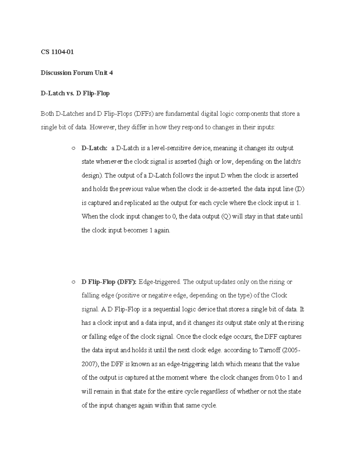 D-Latch vs D Flip-Flop - CS 1104- Discussion Forum Unit 4 D-Latch vs. D ...