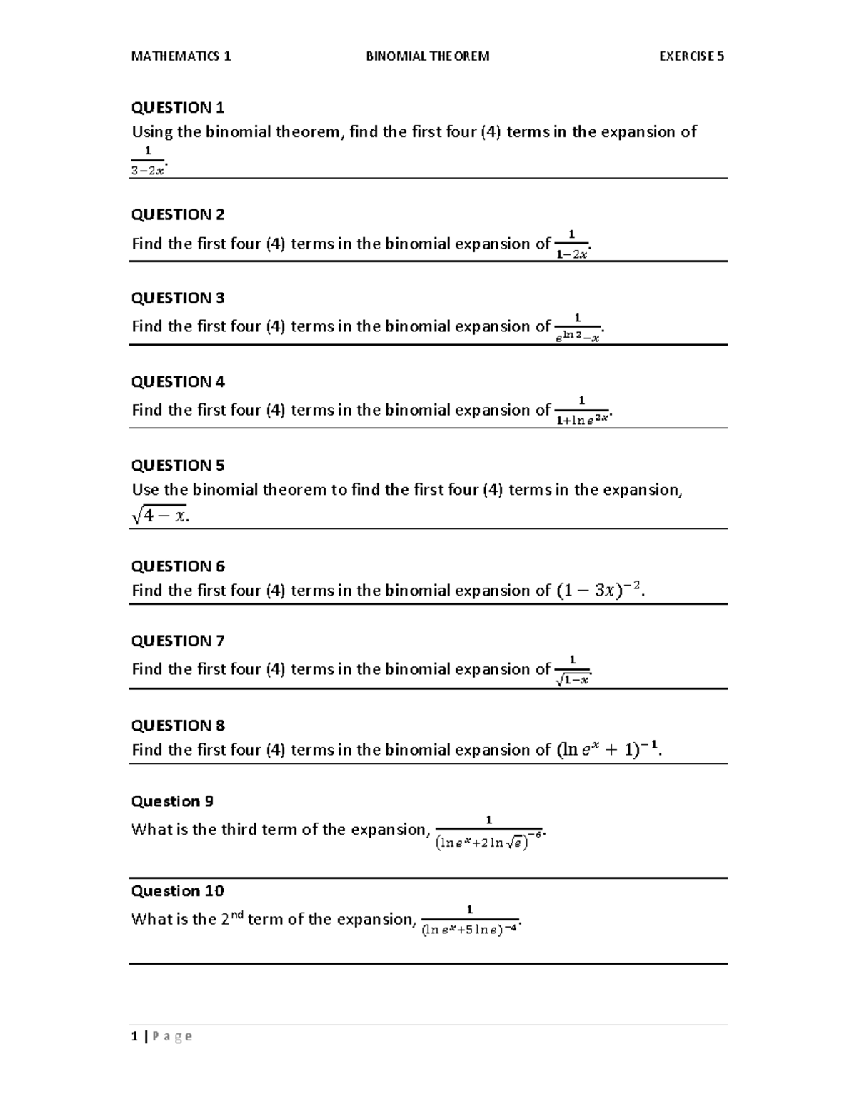 Exericse 5 Binomial thm Math 1 Mech - MATHEMATICS 1 BINOMIAL THEOREM ...