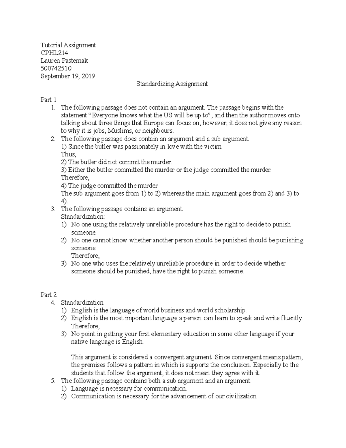 Standardizing Assignment - Tutorial Assignment CPHL Lauren Pasternak ...