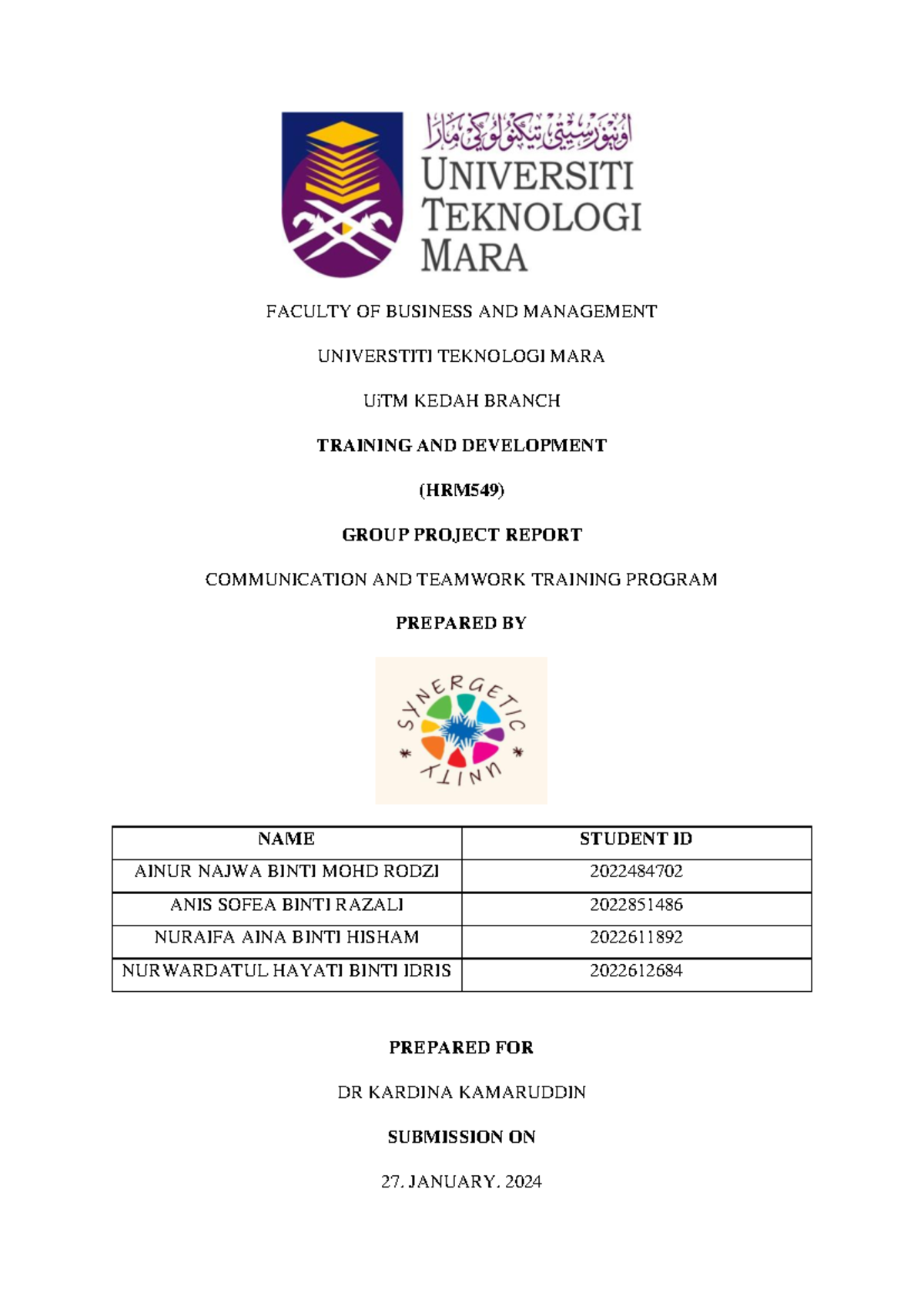 HRM549 MOCK Training Report - FACULTY OF BUSINESS AND MANAGEMENT ...
