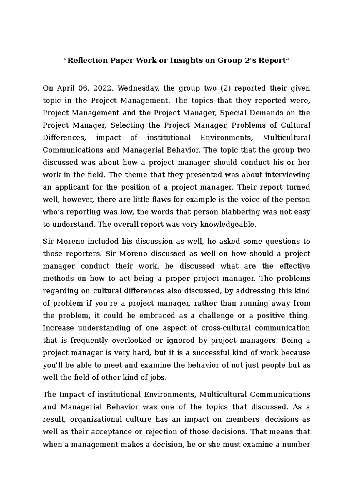 Reflection/Insights about the Project Management - “Reflection Paper ...