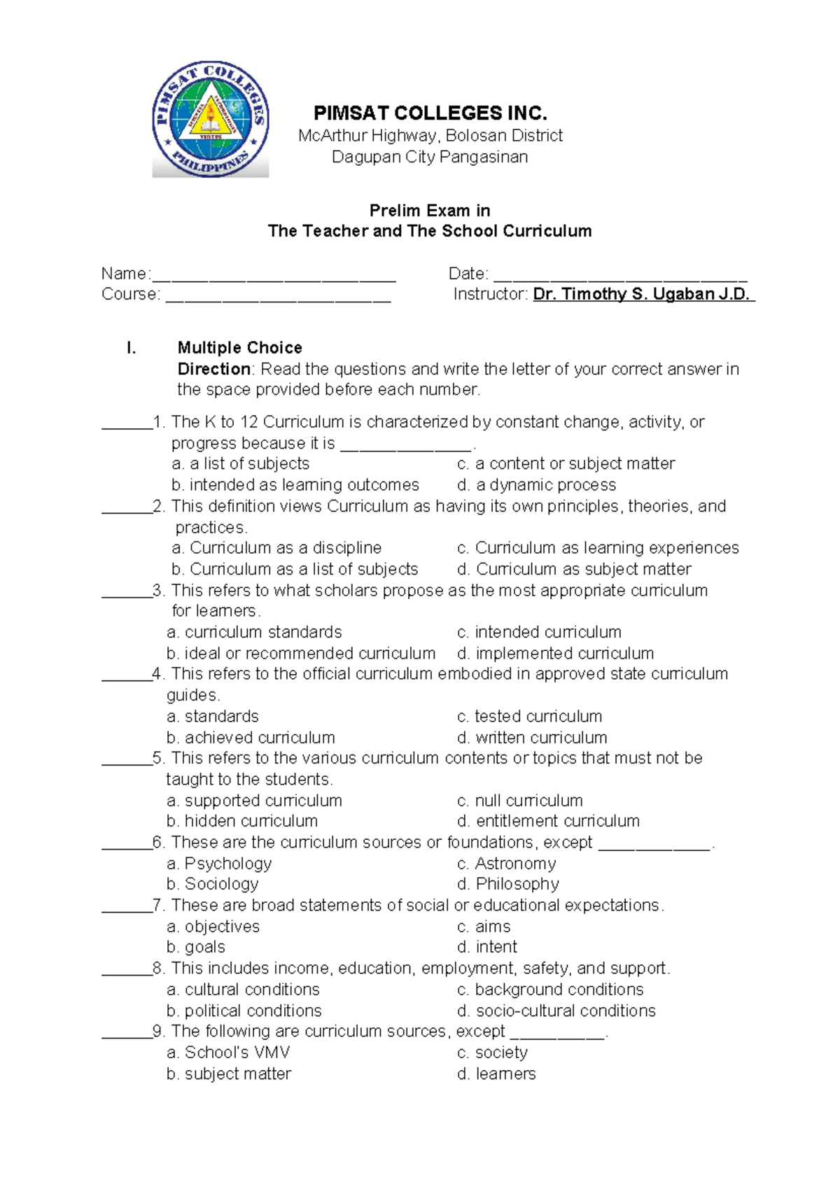 TTSC Prelims - This is an example of a Preliminary Examination for the ...