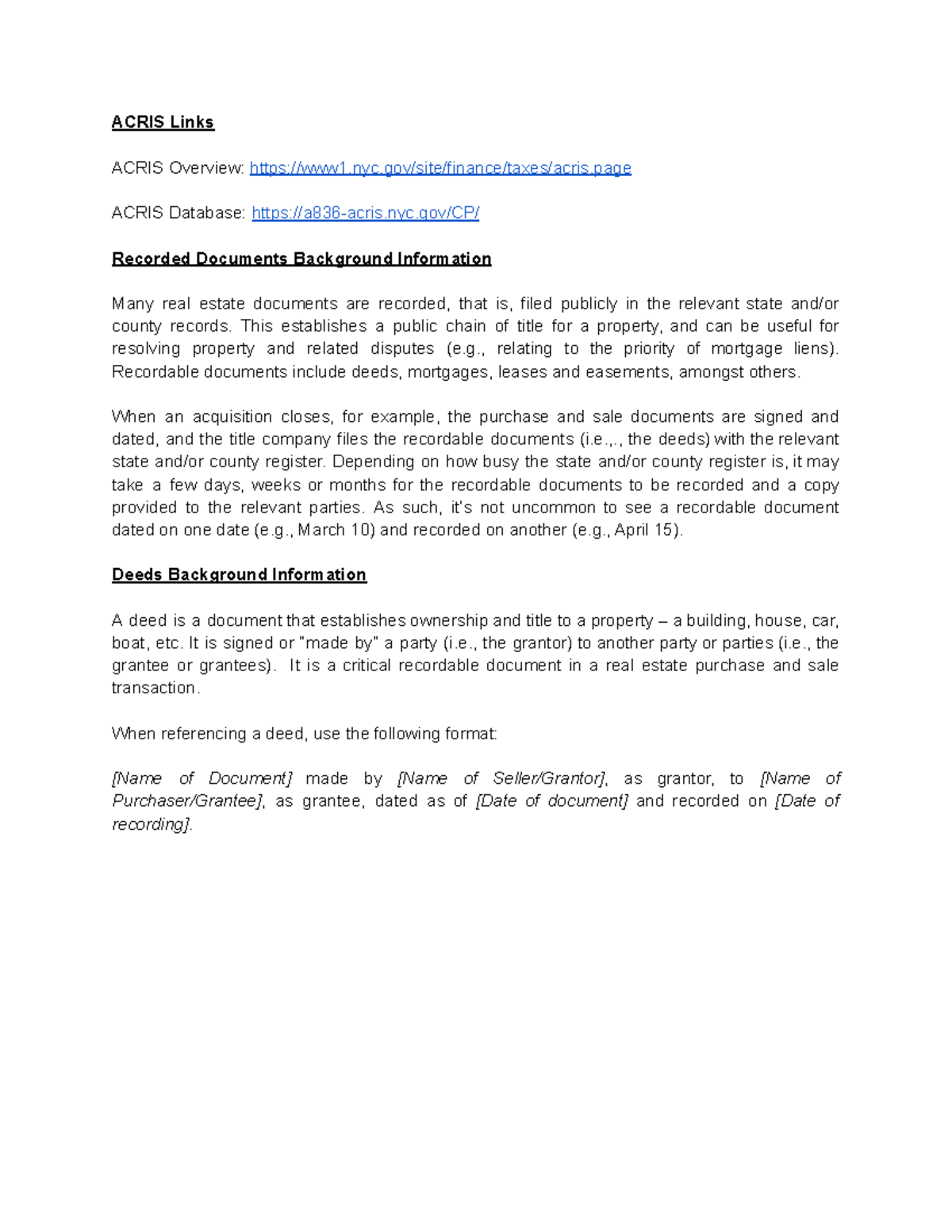 Acris, Recorded Documents & Deeds Cheat Sheet - ACRIS Links ACRIS ...