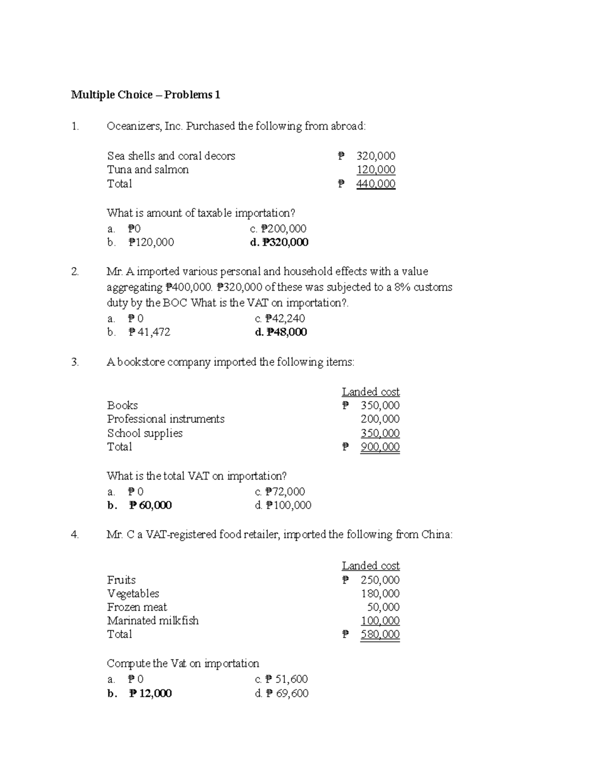 Dlscrib - Taxation short problems - Multiple Choice – Problems 1 ...