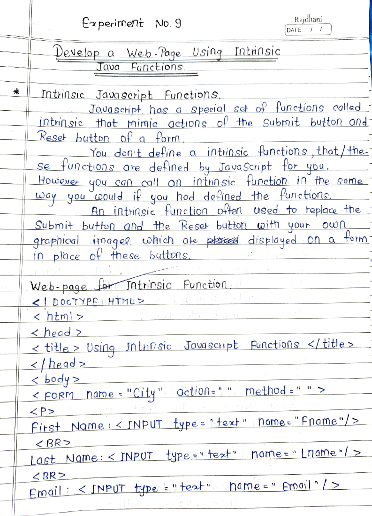 Experiment No. 9 - Exp9 - Experiment No. 9 Rajdhani DATE J Develop a Web-Page Usinq Intinsic ...