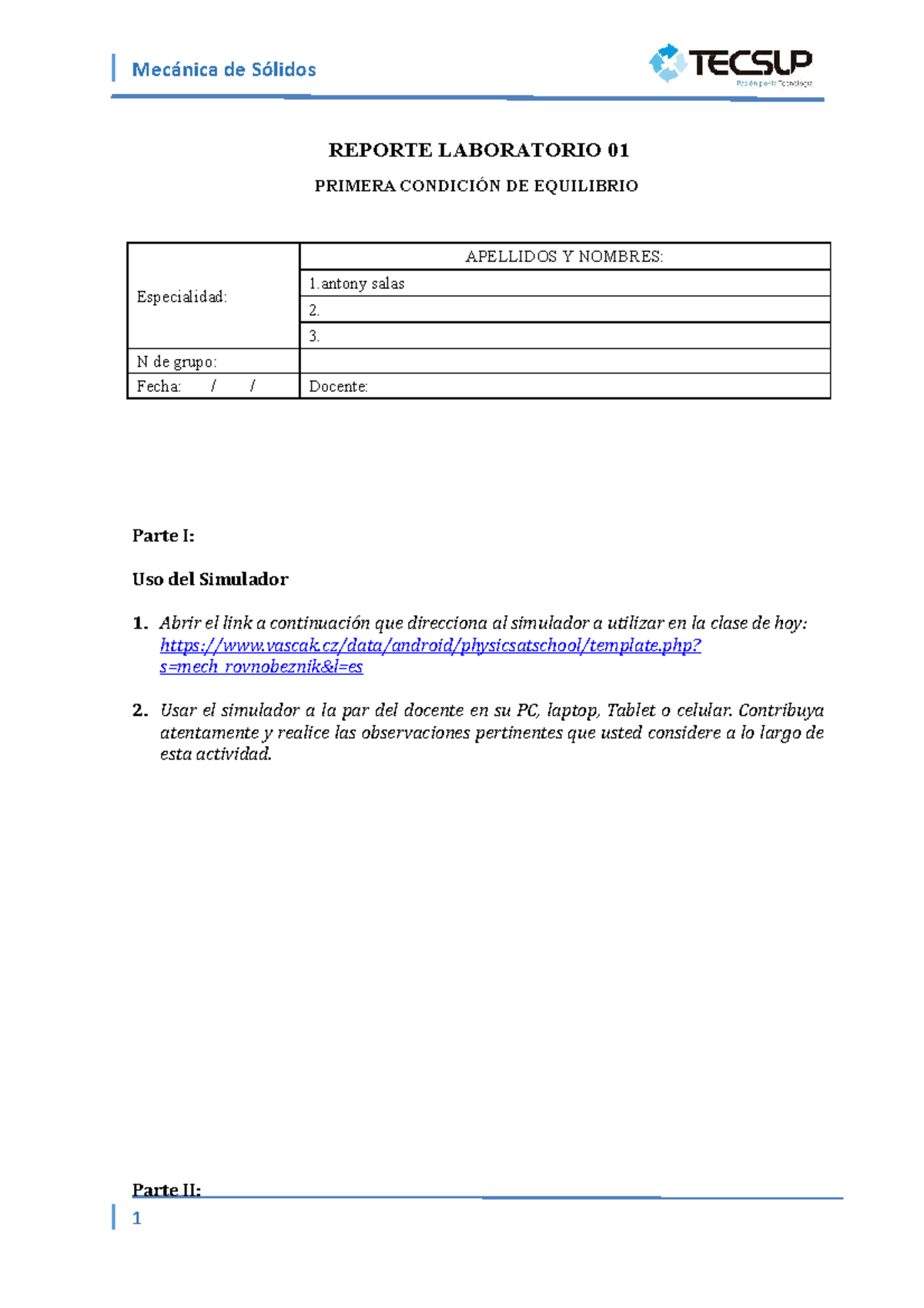 Lizarraga meza lab1 - Kendnd - REPORTE LABORATORIO 01 PRIMERA CONDICIÓN ...