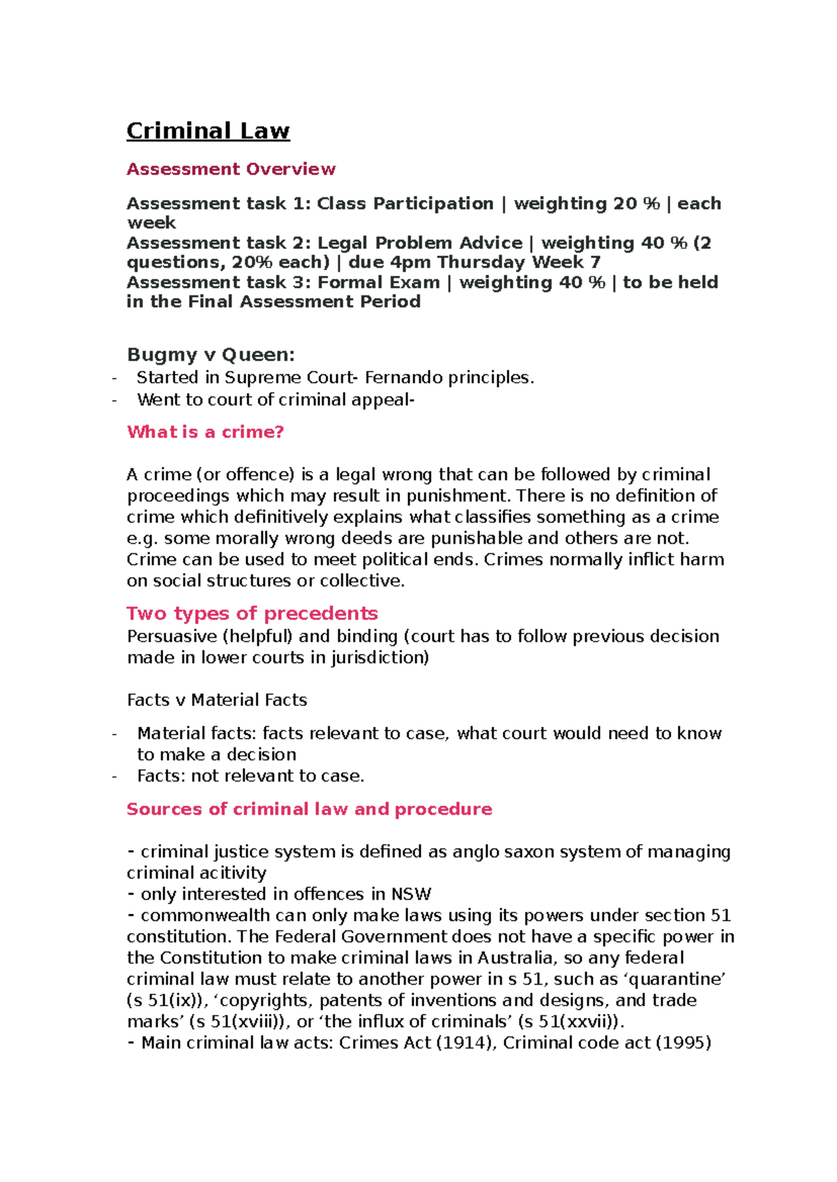 Criminal Law summary - Criminal Law Assessment Overview Assessment task ...