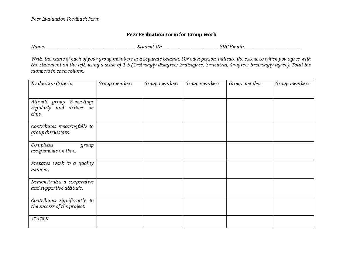 General - Peer Evaluation Group Work Form - Peer Evaluation Feedback ...