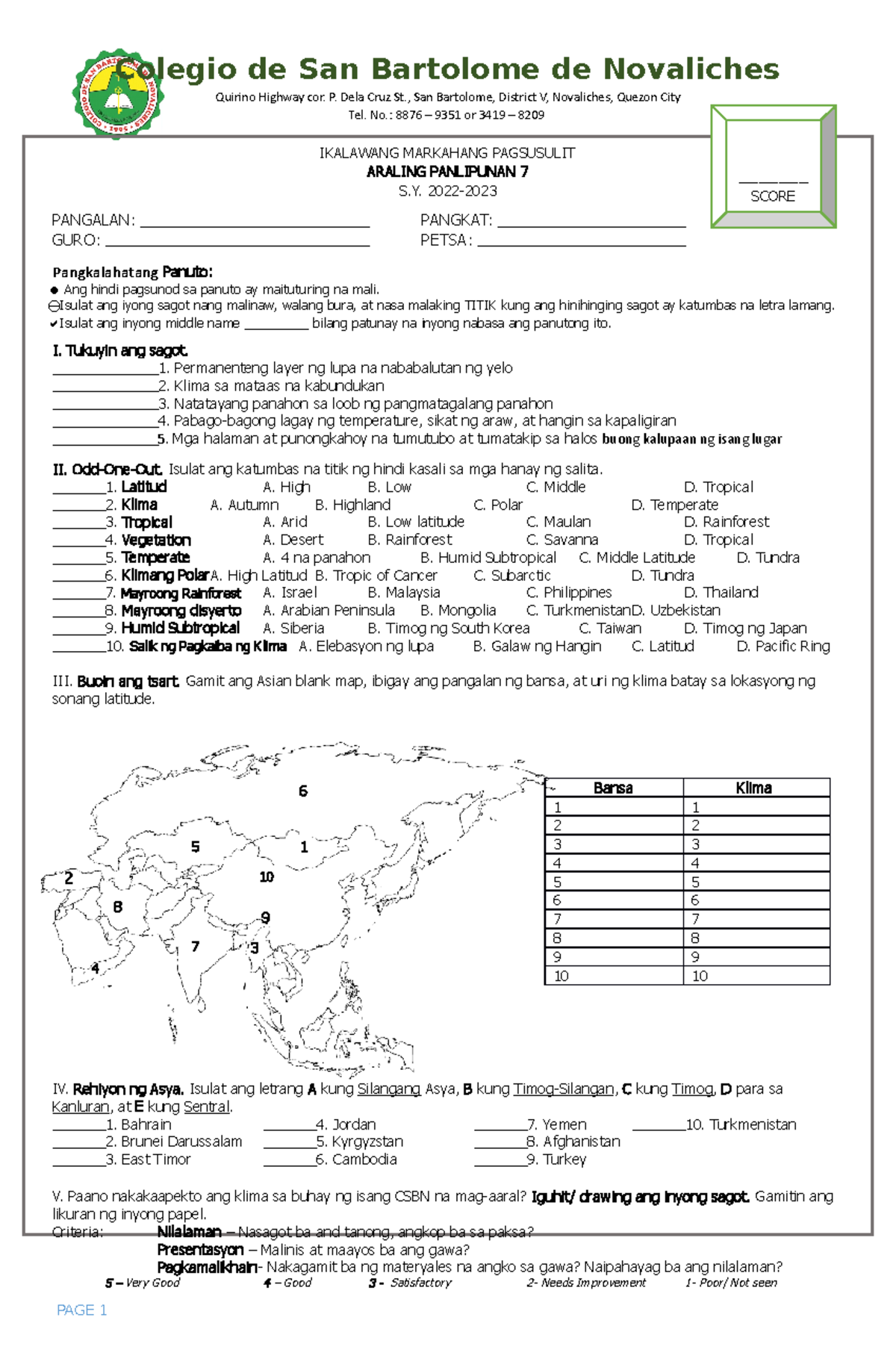 AP7 FQA - First Quarter Exam Kasaysayan ng Asya 7 - Colegio de San ...