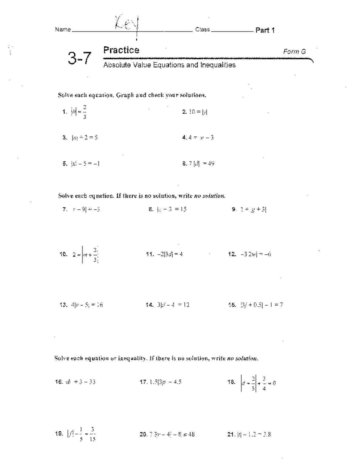 3 7 key - Summary Mathametics 1 - Name Key Class Part 1 Practice Form G ...