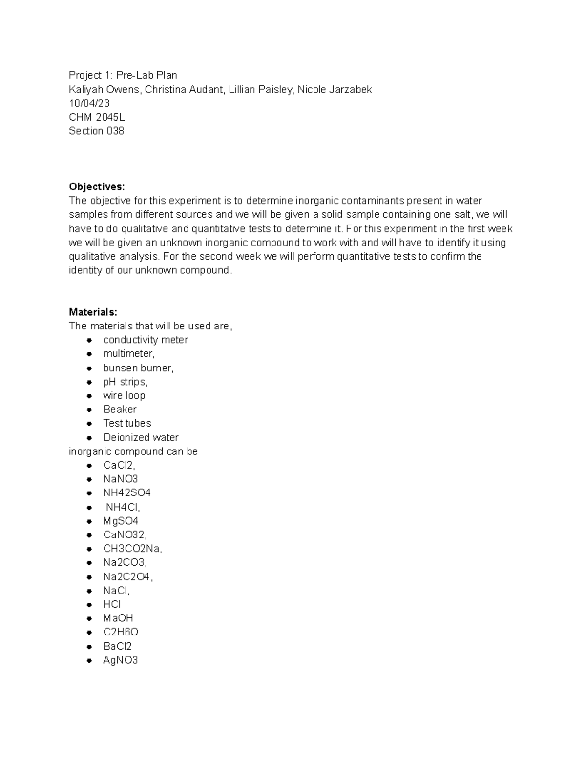Project 1: Pre-Lab Plan - Project 1: Pre-Lab Plan Kaliyah Owens, Christina Audant, Lillian ...