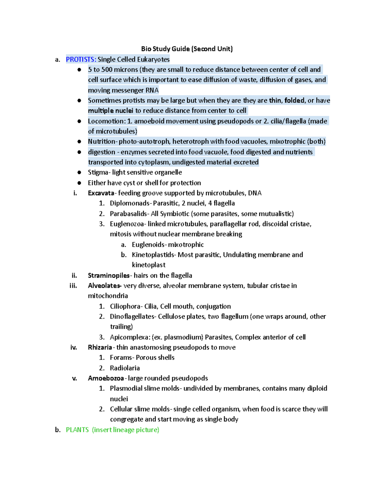 Biology Study Guide - Bio Study Guide (Second Unit) a. PROTISTS: Single ...