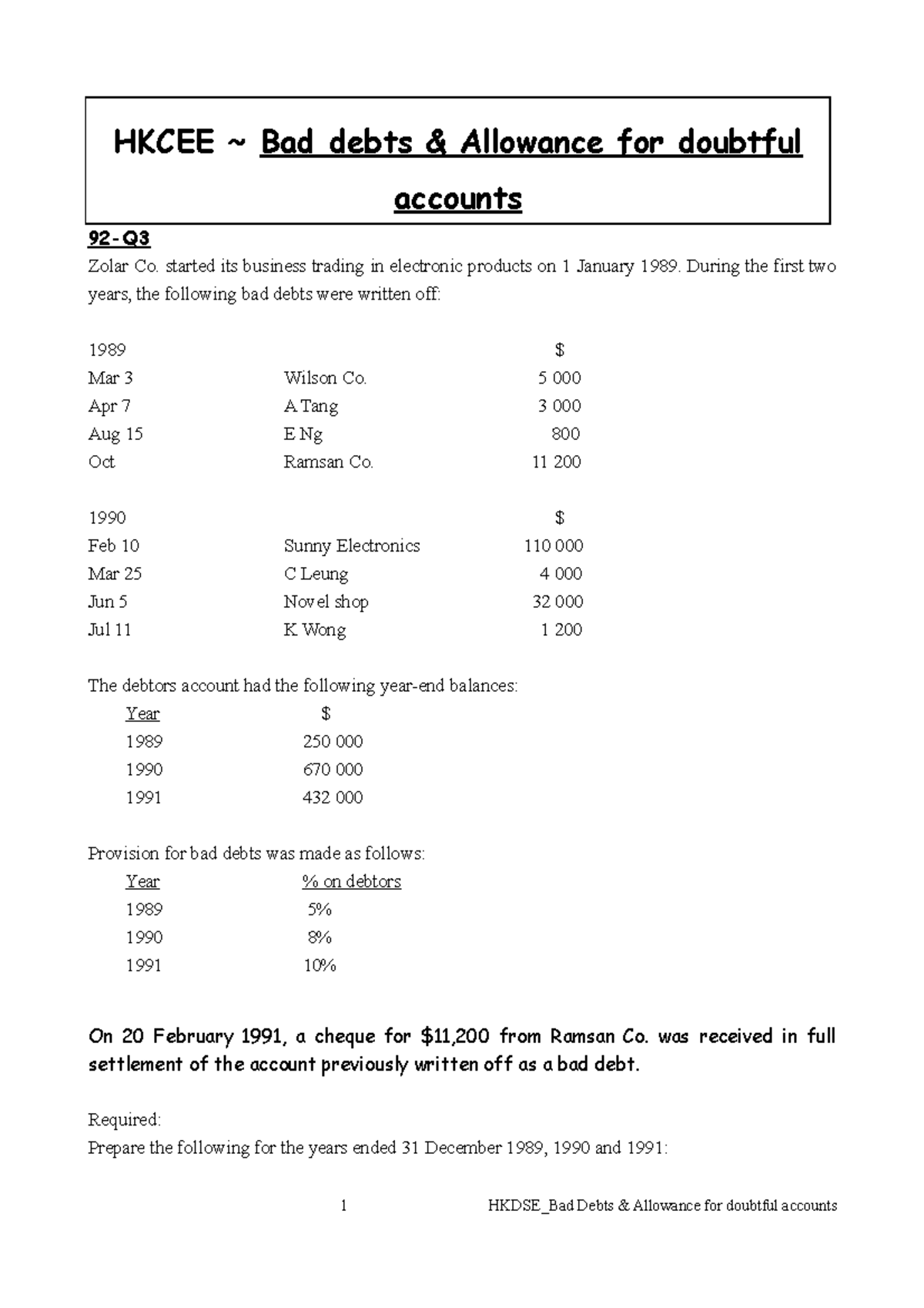Bad debts & allowance for doubtful accounts updated exercise - HKCEE ...