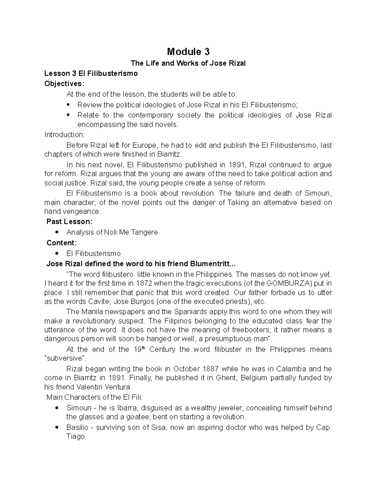 M 3 Lesson 3 El Filebusterismo - Module 3 The Life and Works of Jose ...