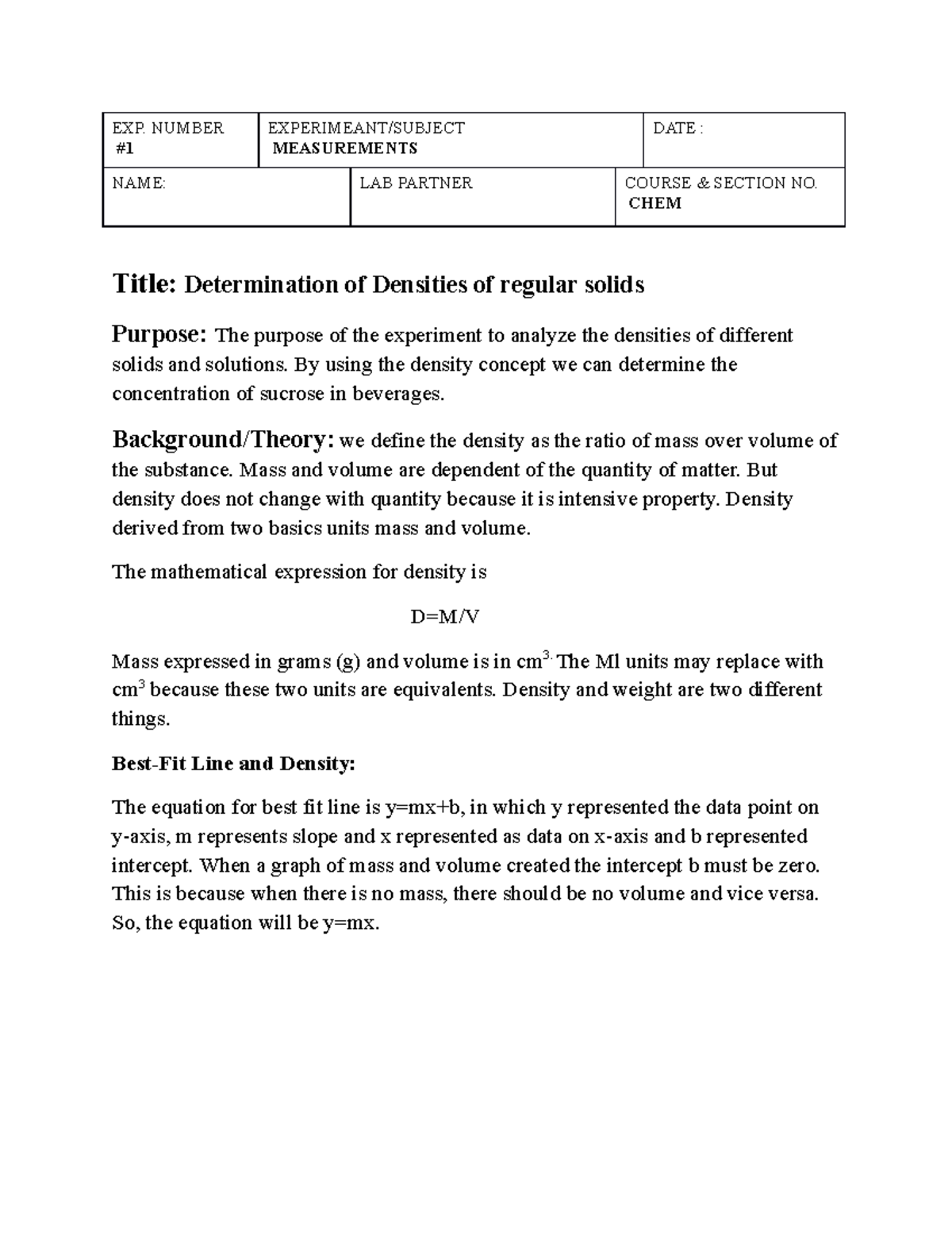Determination of Densities of regular solids - EXP. NUMBER ...