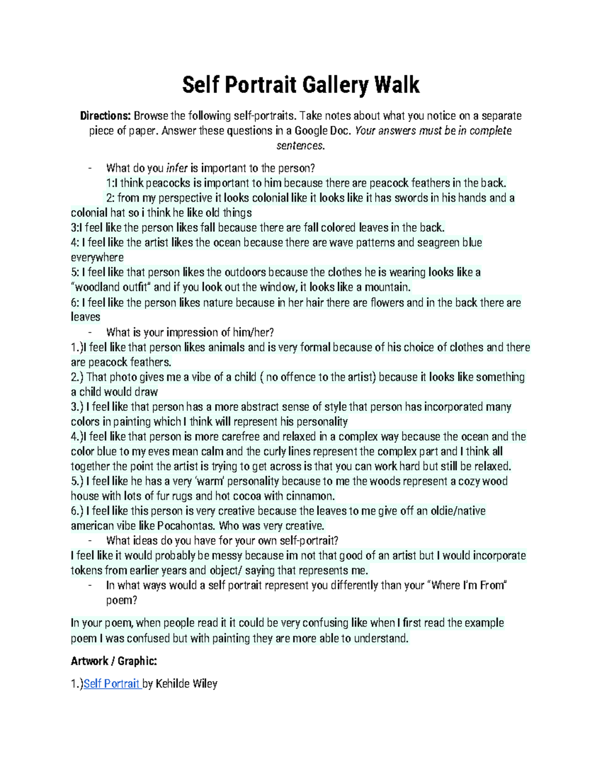 Self-Portrait Gallery Walk - Self Portrait Gallery Walk Directions ...