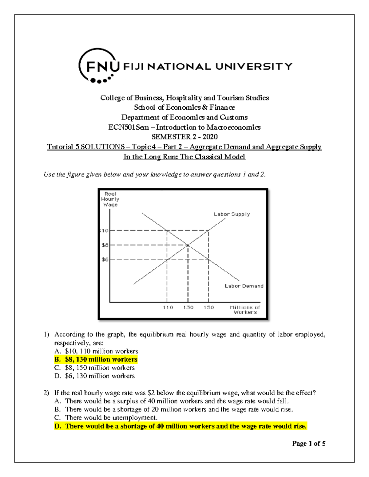 Tutorial 5 Solutions - Answers - College of Business, Hospitality and ...