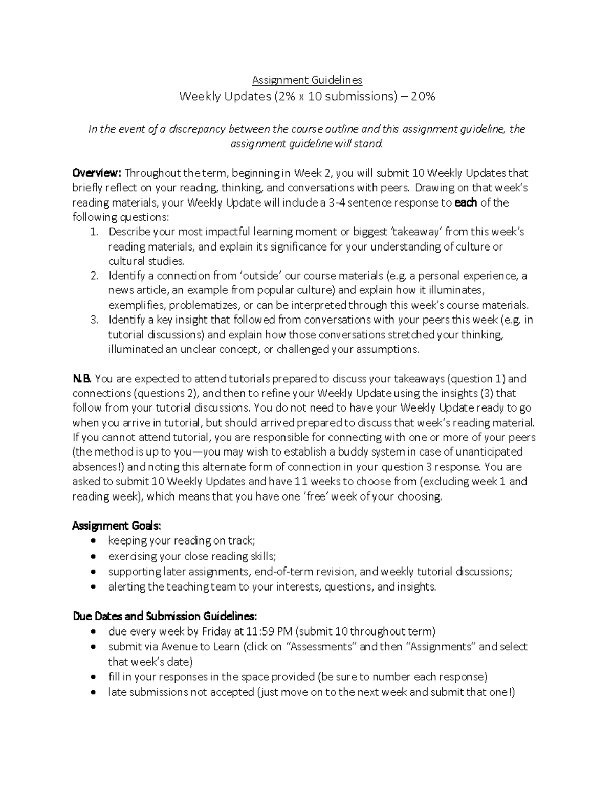 Assignment Guidelines- Weekly Updates - Overview: Throughout the term ...