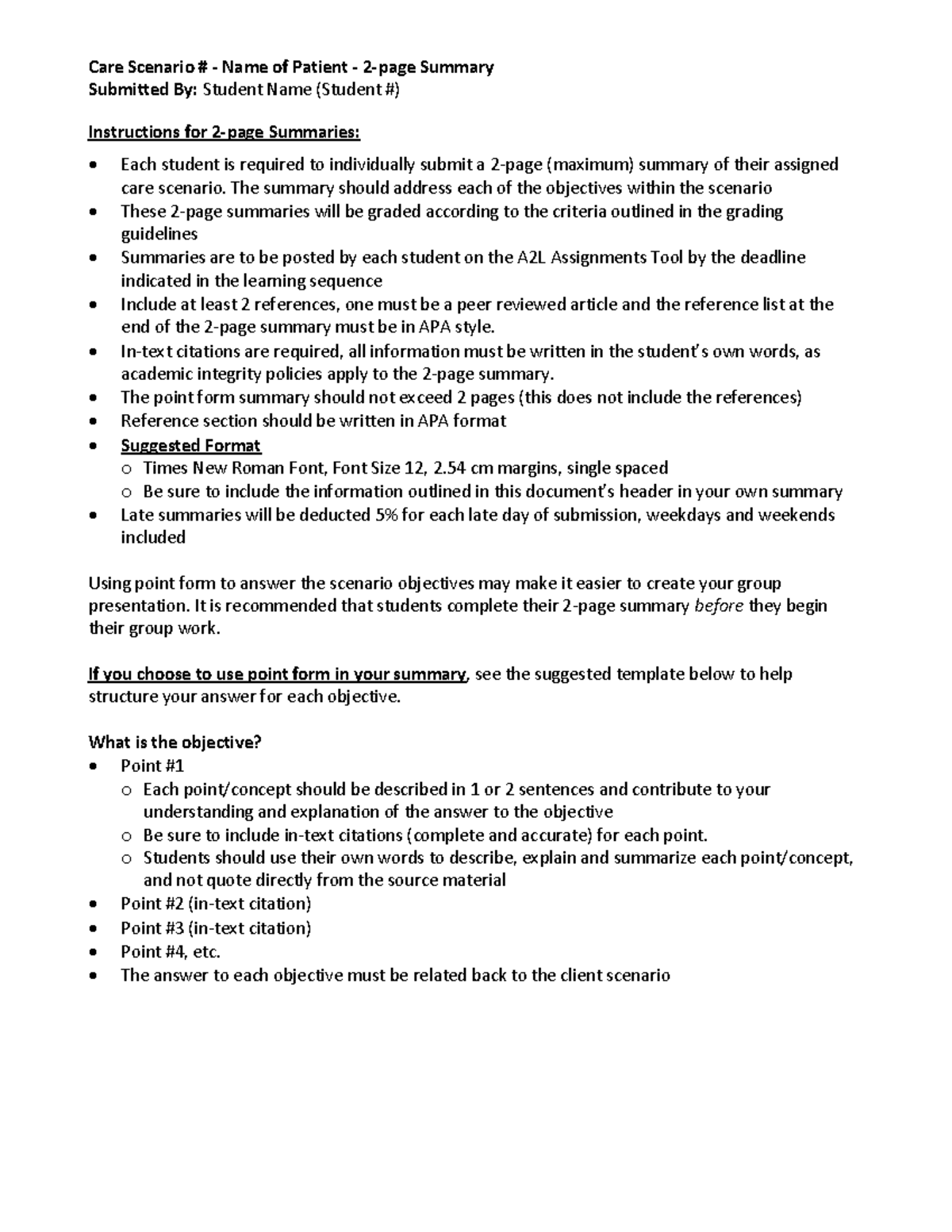 2-Page Summaries Outline & Template 2024 - Care Scenario # - Name of ...