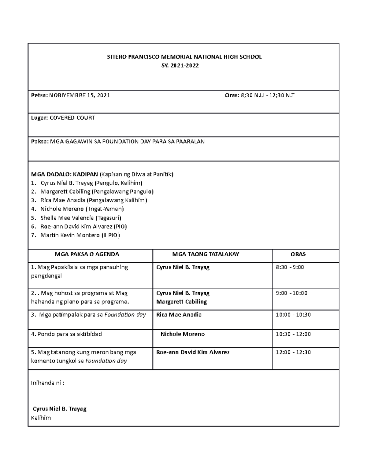 Agenda SA Akademik sa filipino - SITERO FRANCISCO MEMORIAL NATIONAL ...