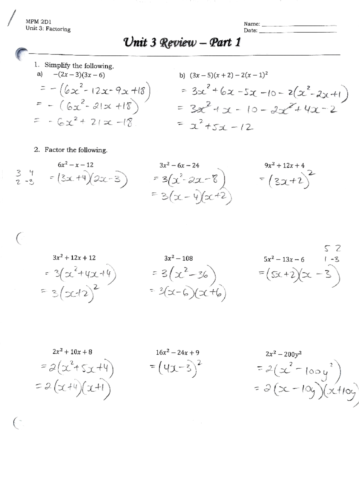 Unit 3 Review Solutions - MPM 2D Unit 3: Factoring 2 - 1. Simplify the following. a -(2x 3) (3x ...
