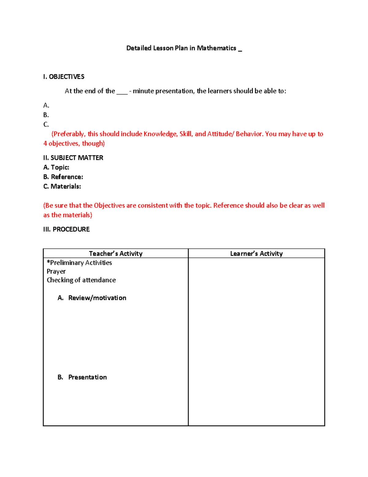 Template for the Lesson Plan - Detailed Lesson Plan in Mathematics _ I ...