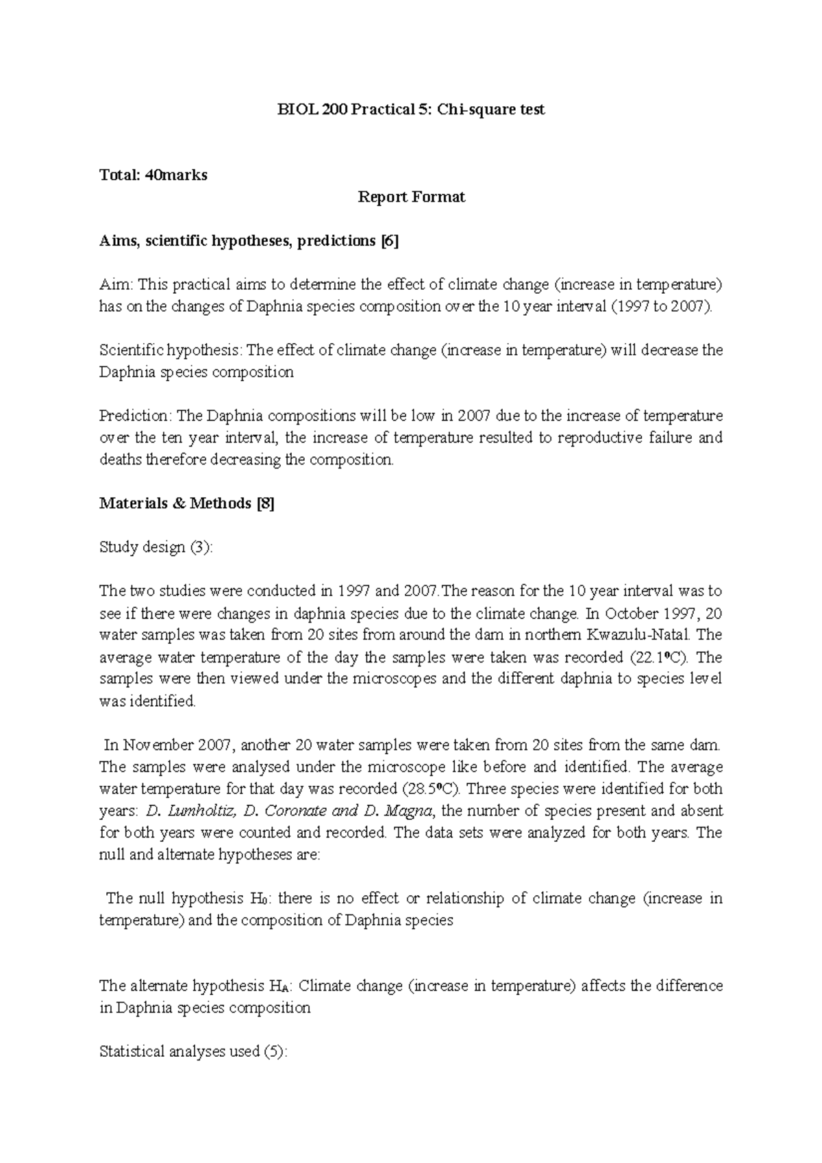 Practical 5 Chi square Assignment (Daphnia) - BIOL200 - UKZN - Studocu