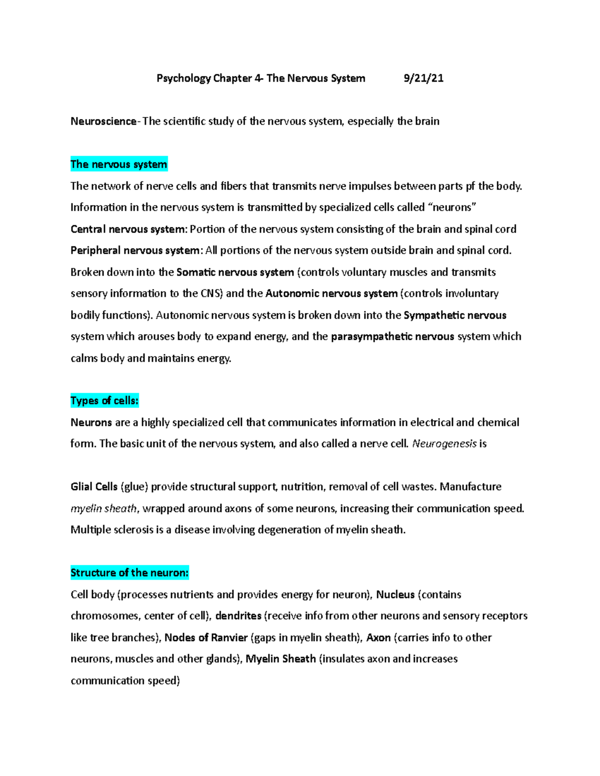 Psychology Chapter 4 - Notes from lecture - Psychology Chapter 4- The ...
