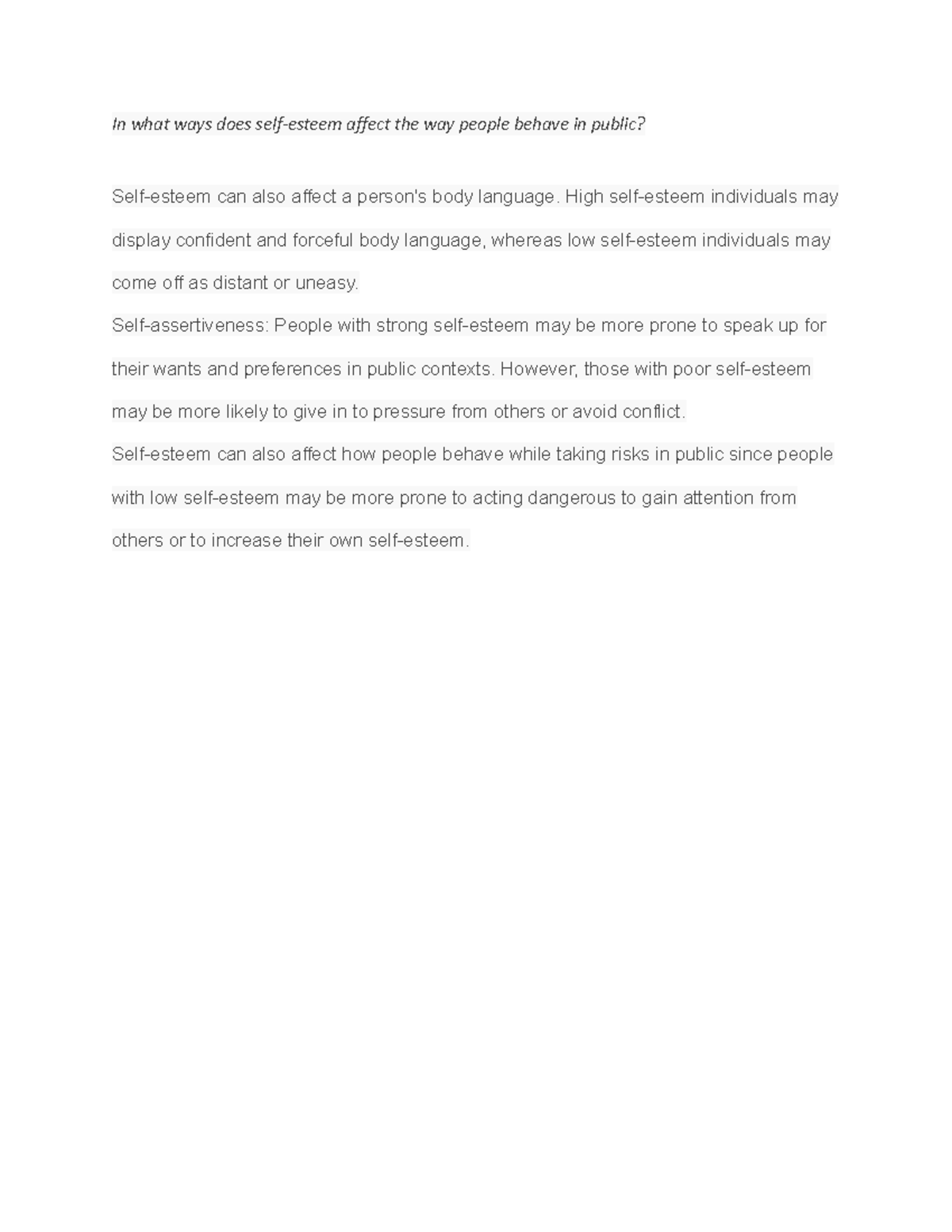 Untitled document-9 - classwork - In what ways does self-esteem affect the way people behave in ...