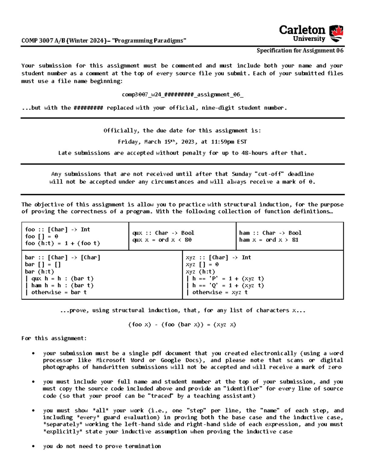 COMP 3007 W24 - Assignment 6 of 8 - Specification - COMP 3007 A/B (Winter 2024 ) − "Programming ...