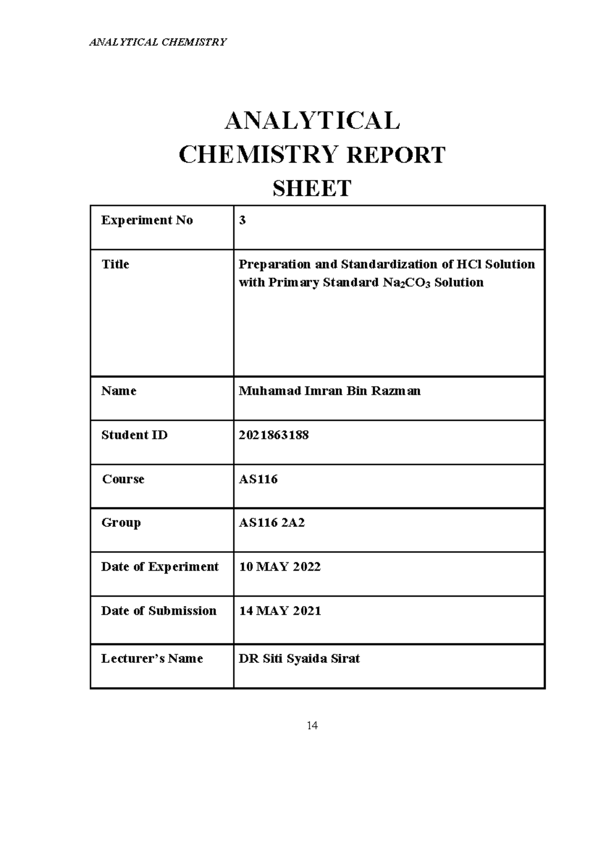 Experiment 3 Imran Razman - ANALYTICAL CHEMISTRY REPORT SHEET ...