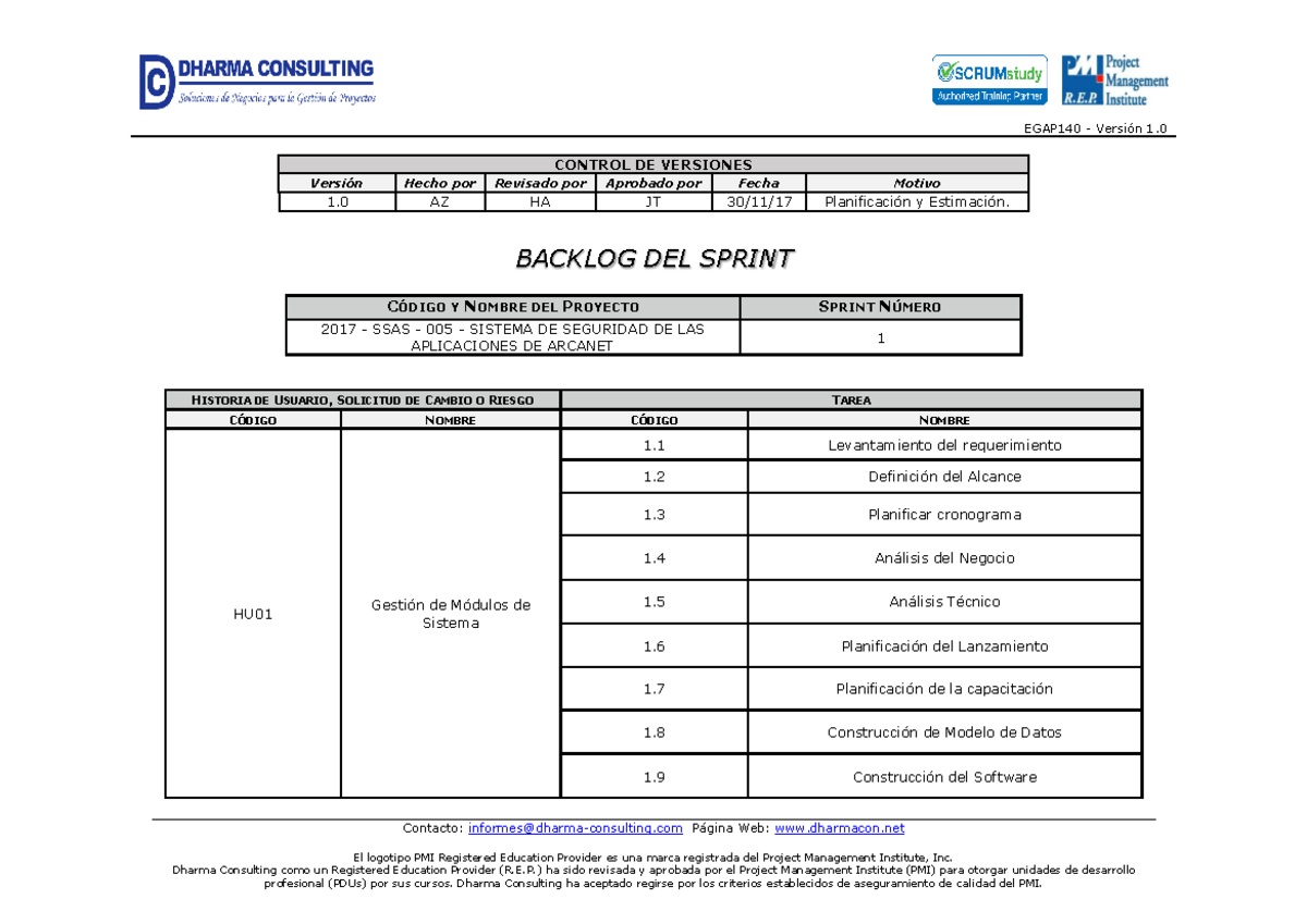 EGAP140 - Backlog del Sprint - EGAP14 0 - Versión 1. Contacto: informes@dharma-consulting Página ...