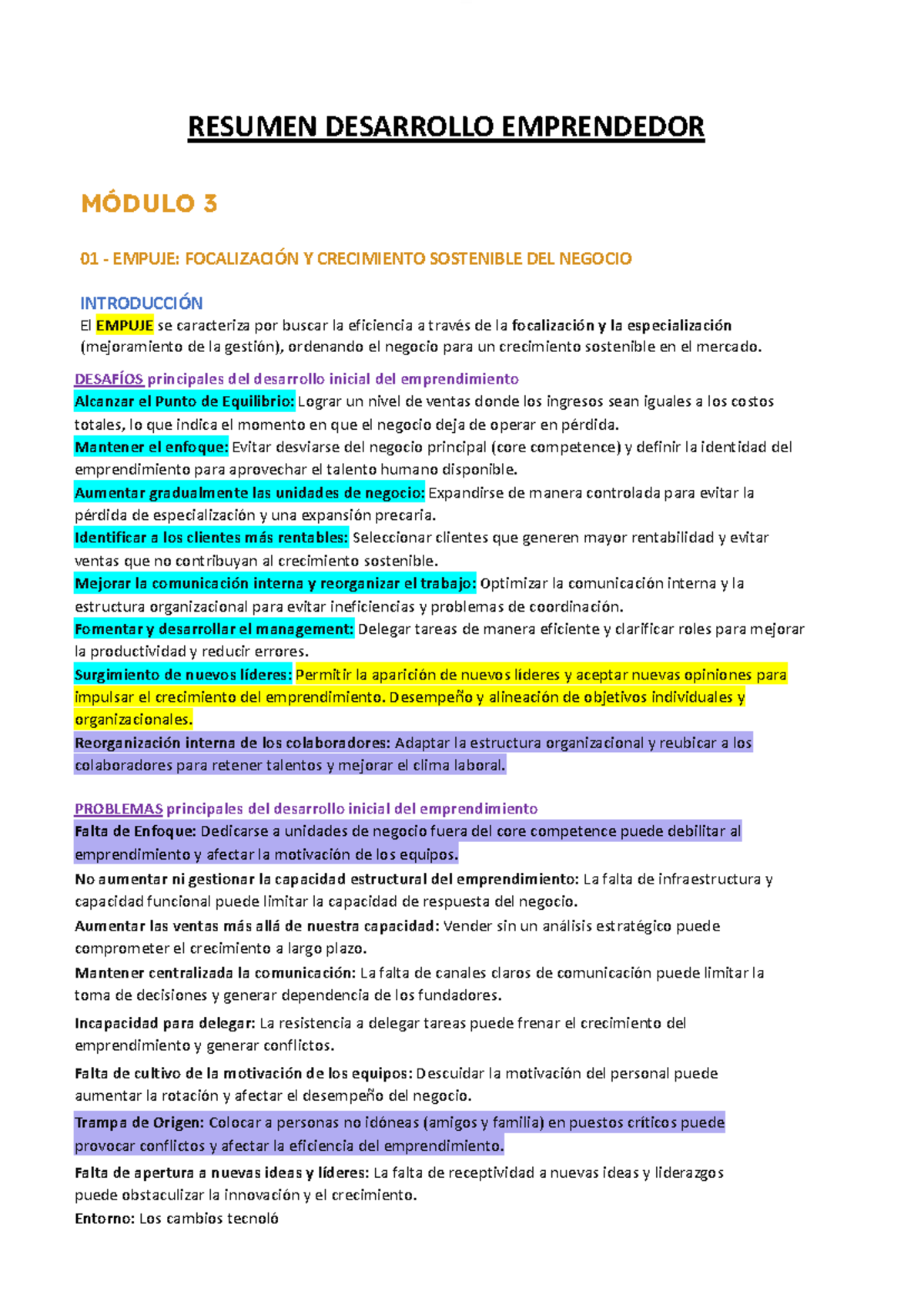 Desarrollo Emprendedor - Resumen M3 y M4 - RESUMEN DESARROLLO EMPRENDEDOR MÓDULO 3 01 - EMPUJE ...