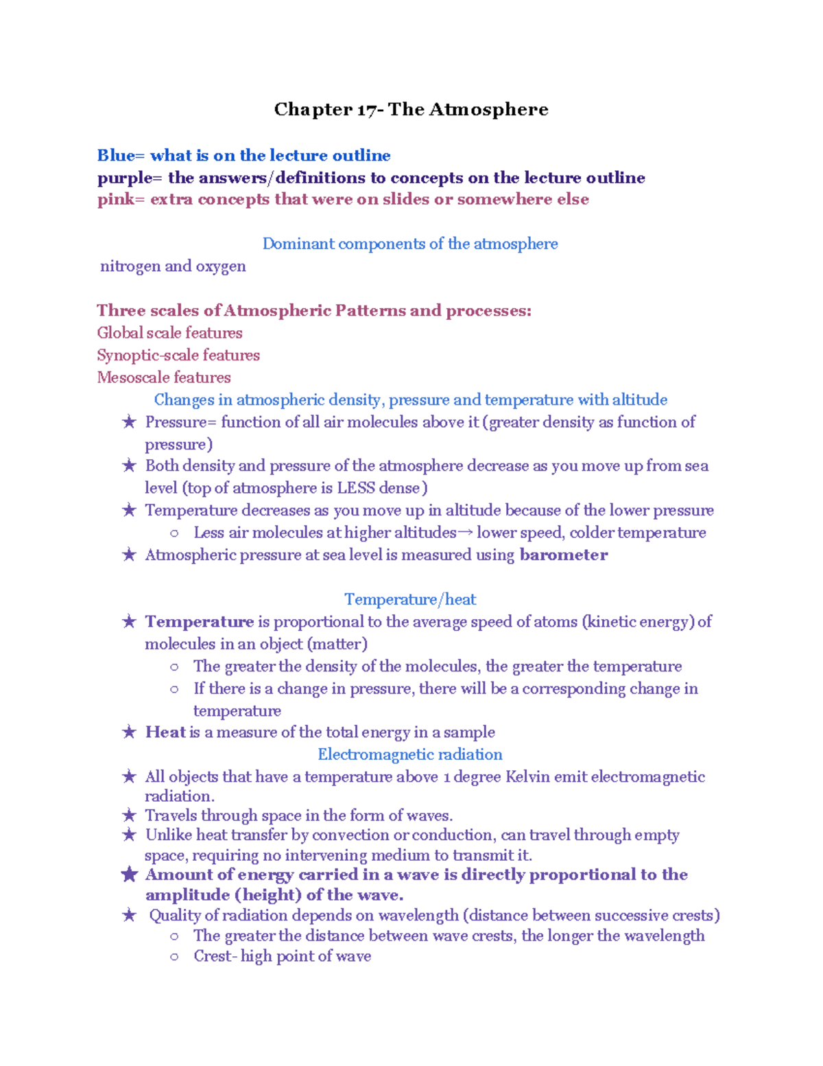 EVSC 1010 Chapter 17 notes - Chapter 17- The Atmosphere Blue= what is ...