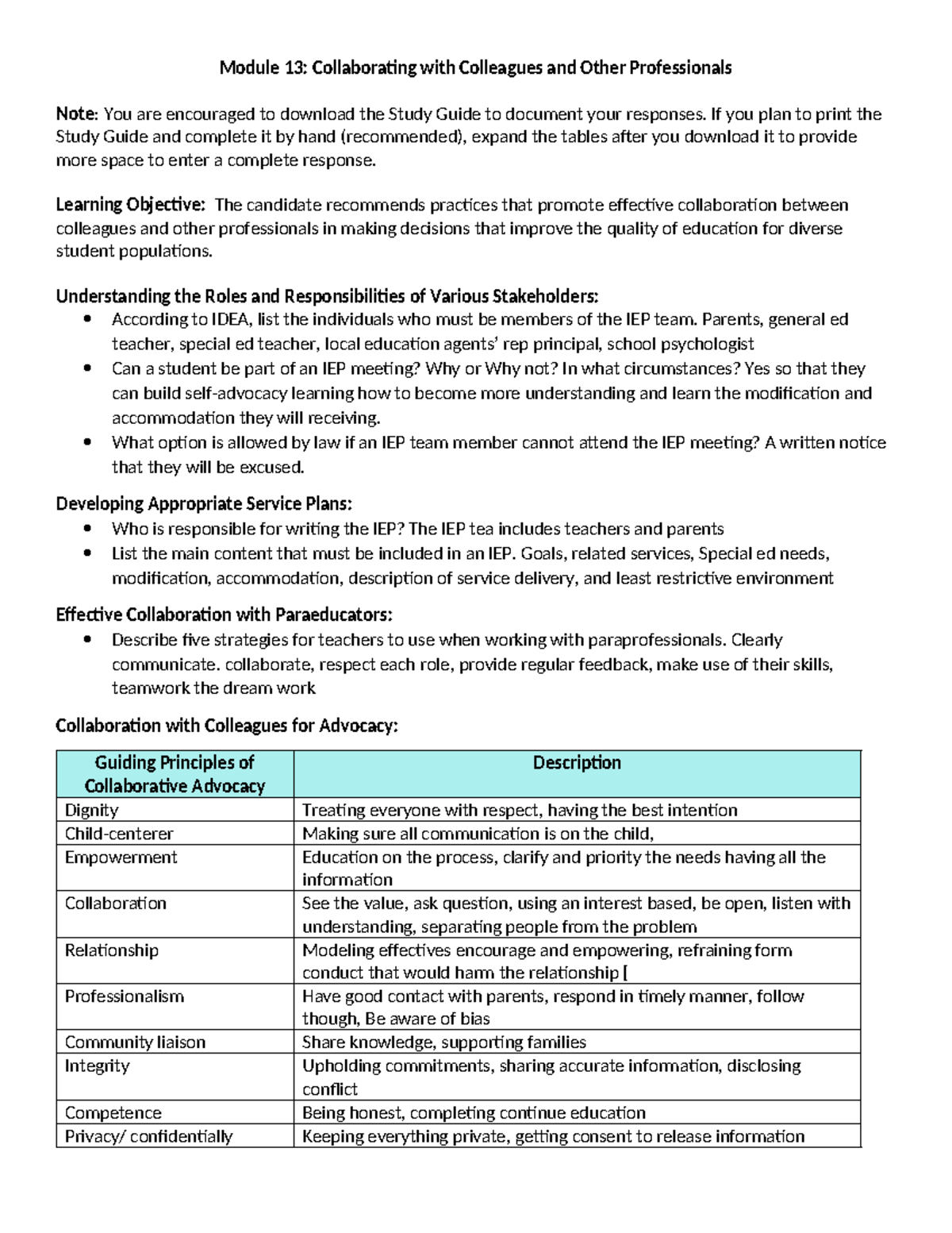 D096 d169 m13 study guide - Module 13: Collaborating with Colleagues and Other Professionals ...
