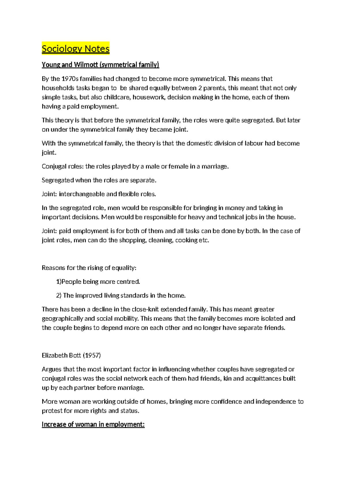 Sociology Notes - gryt - Sociology Notes Young and Wilmott (symmetrical ...