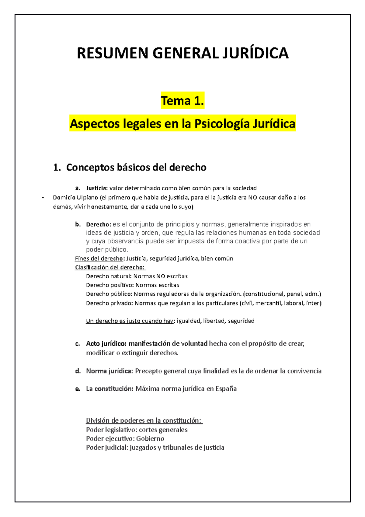Resumen General Jurídica - RESUMEN GENERAL JURÍDICA Tema 1. Aspectos ...