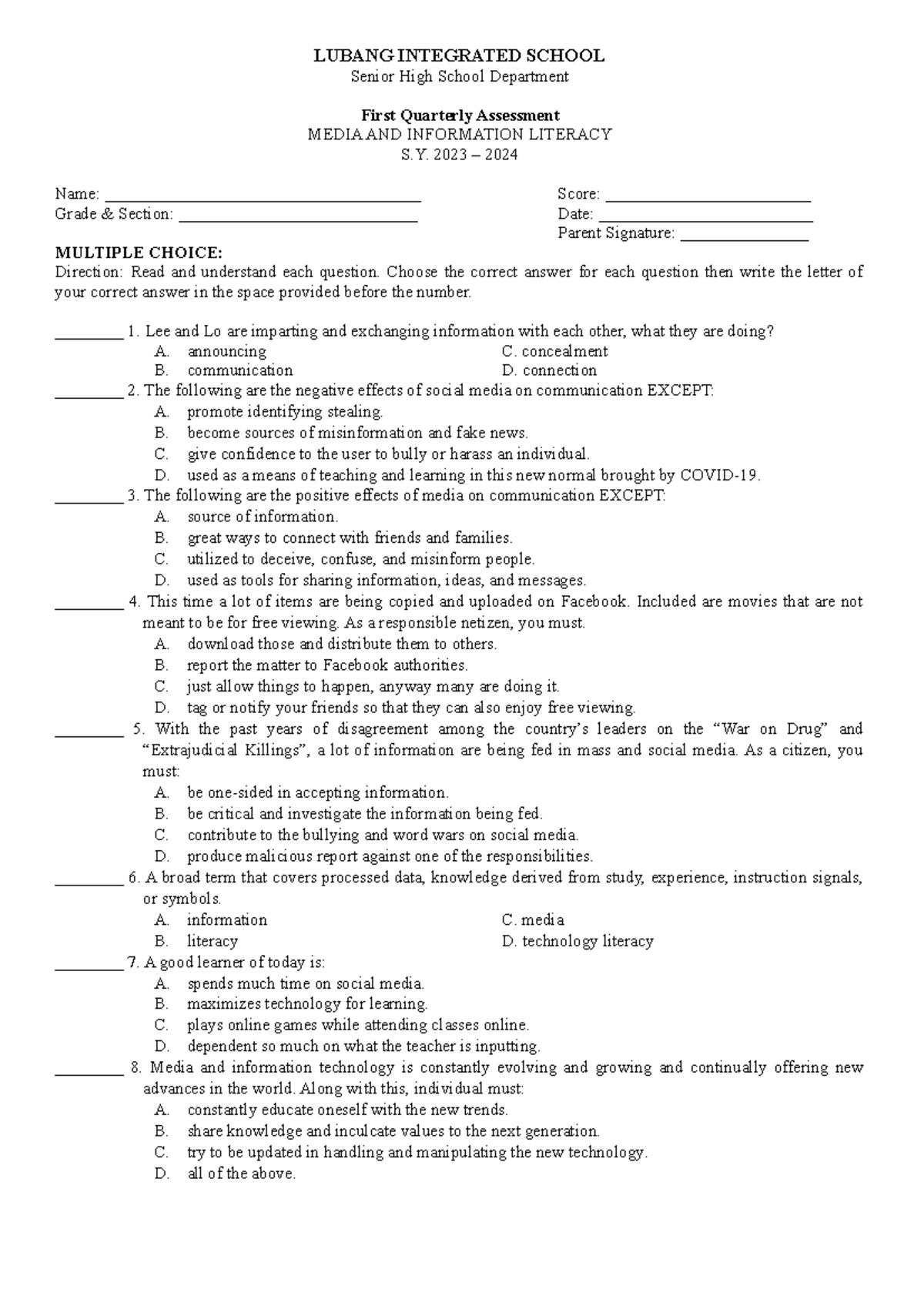 First Quarterly Assessment 2 - LUBANG INTEGRATED SCHOOL Senior High ...