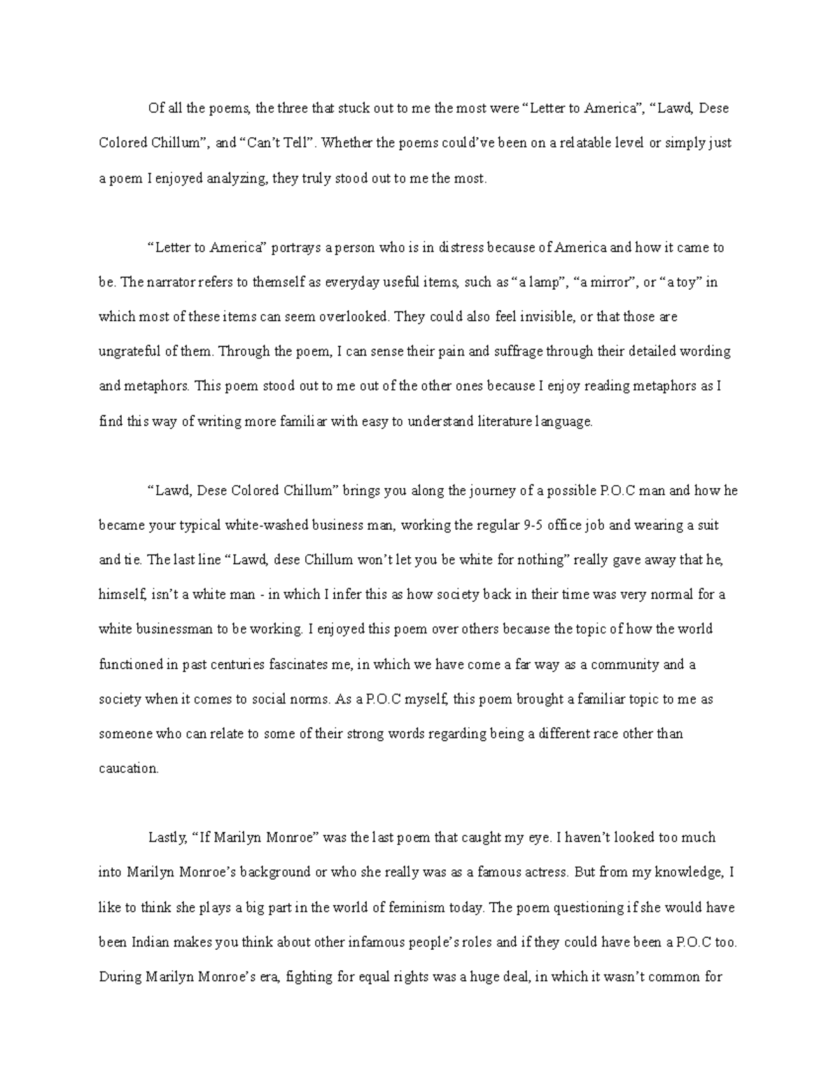 Reading Response Letters to America - Of all the poems, the three that ...