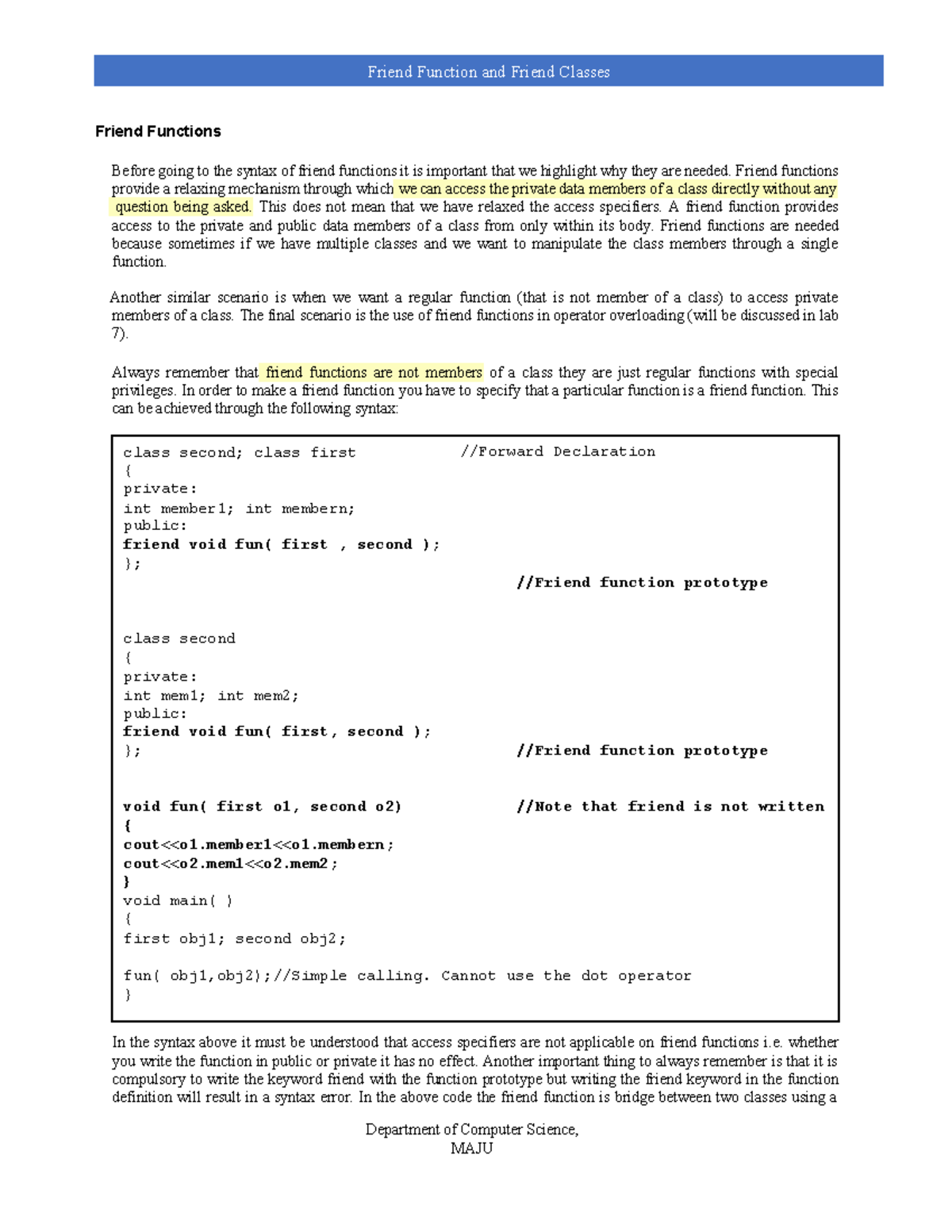 Lab 10 Friend Functions - Department of Computer Science, MAJU Friend Functions Before going to ...