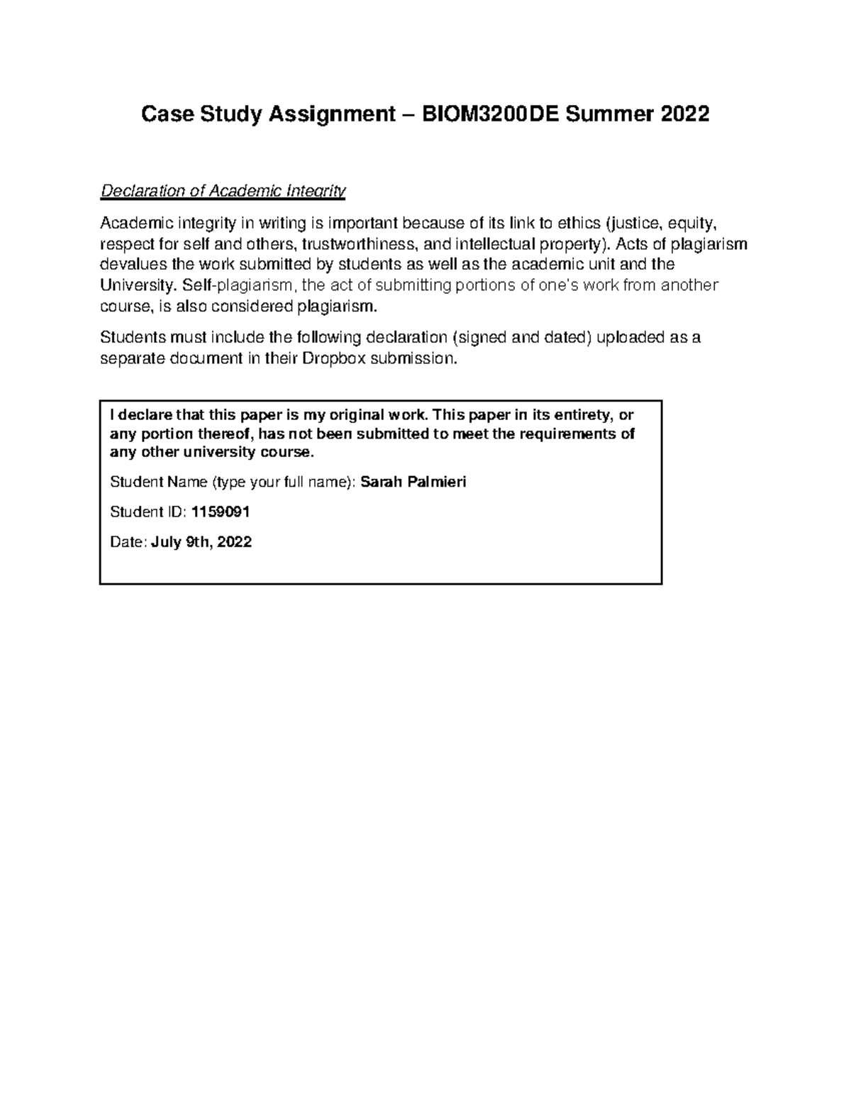 Academic Integrity Form - Case Study Assignment – BIOM3200DE Summer ...