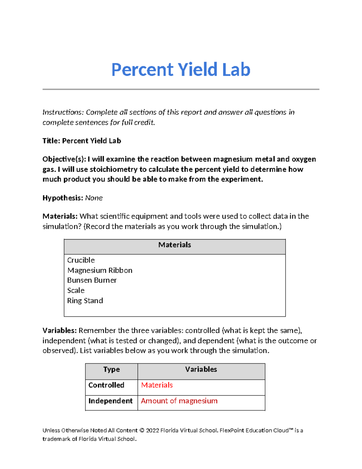 05.07 Percent Yield - Pls like:) - Percent Yield Lab Instructions ...