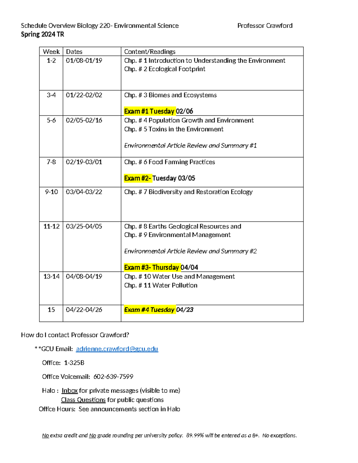 Bio 220 Course Overview TR - Schedule Overview Biology 220 ...