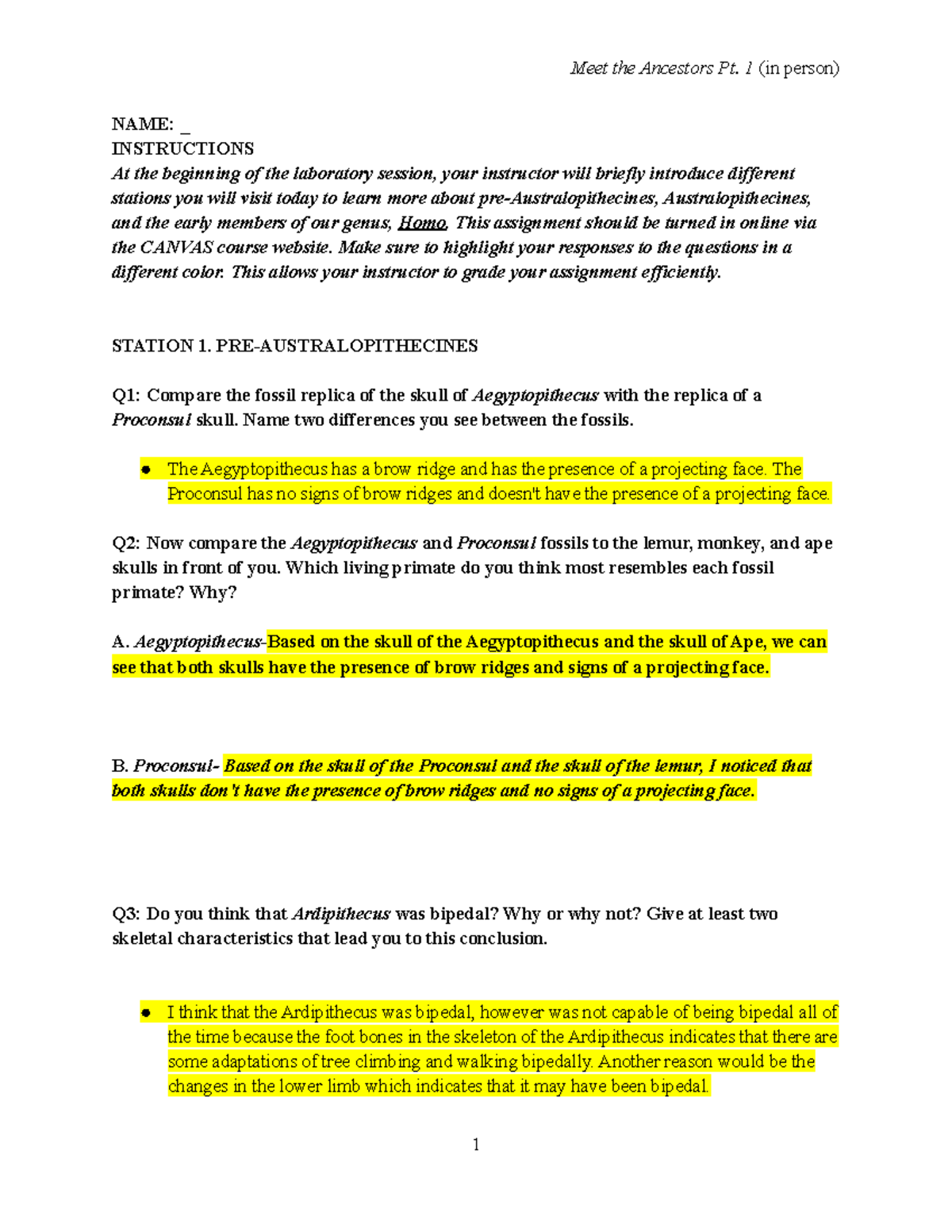 Meet The Ancestors Pt 1 - NAME: _ INSTRUCTIONS At the beginning of the ...