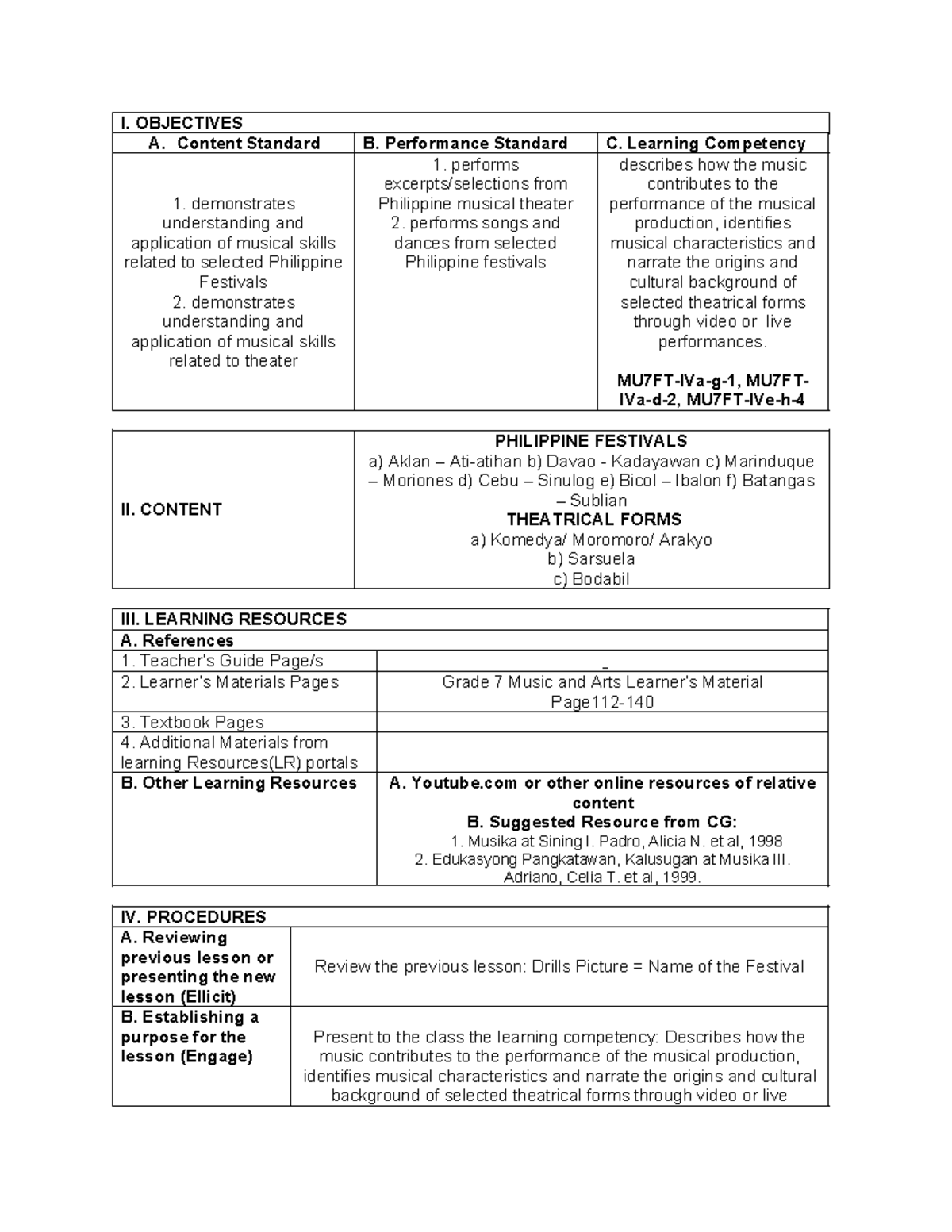 Music 7 DLL 2 - daily lesson log - I. OBJECTIVES A. Content Standard B ...