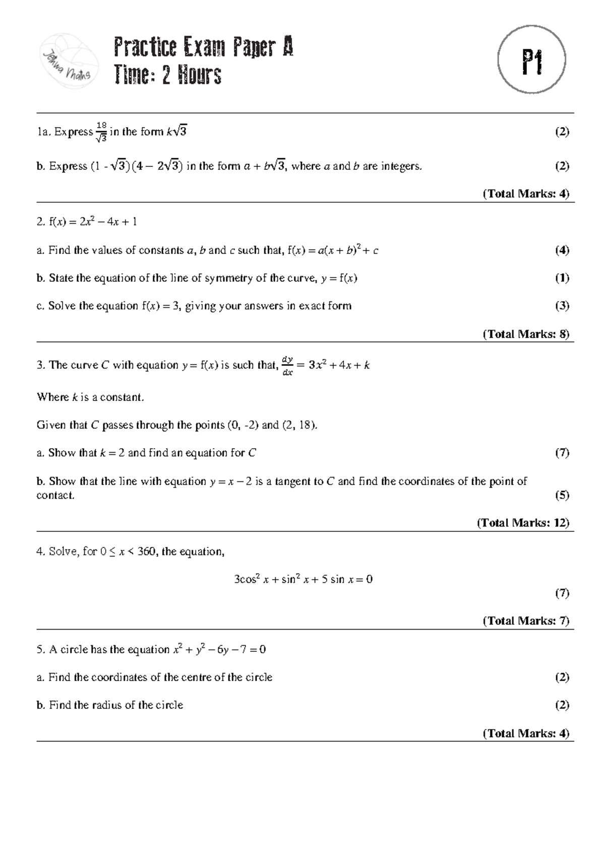 P1 practice exam paper a 1 - 1 a. Express 18 √ 3 in the form k √ 3 (2 ...