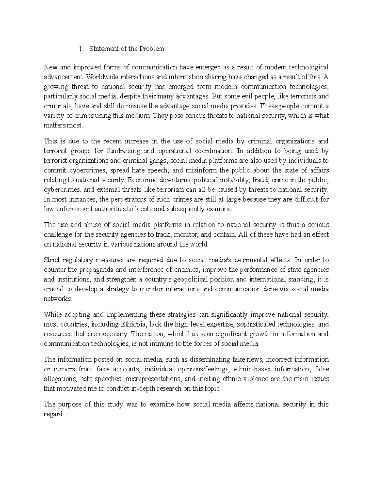 Statement of the Problem about imact of social media on national ...