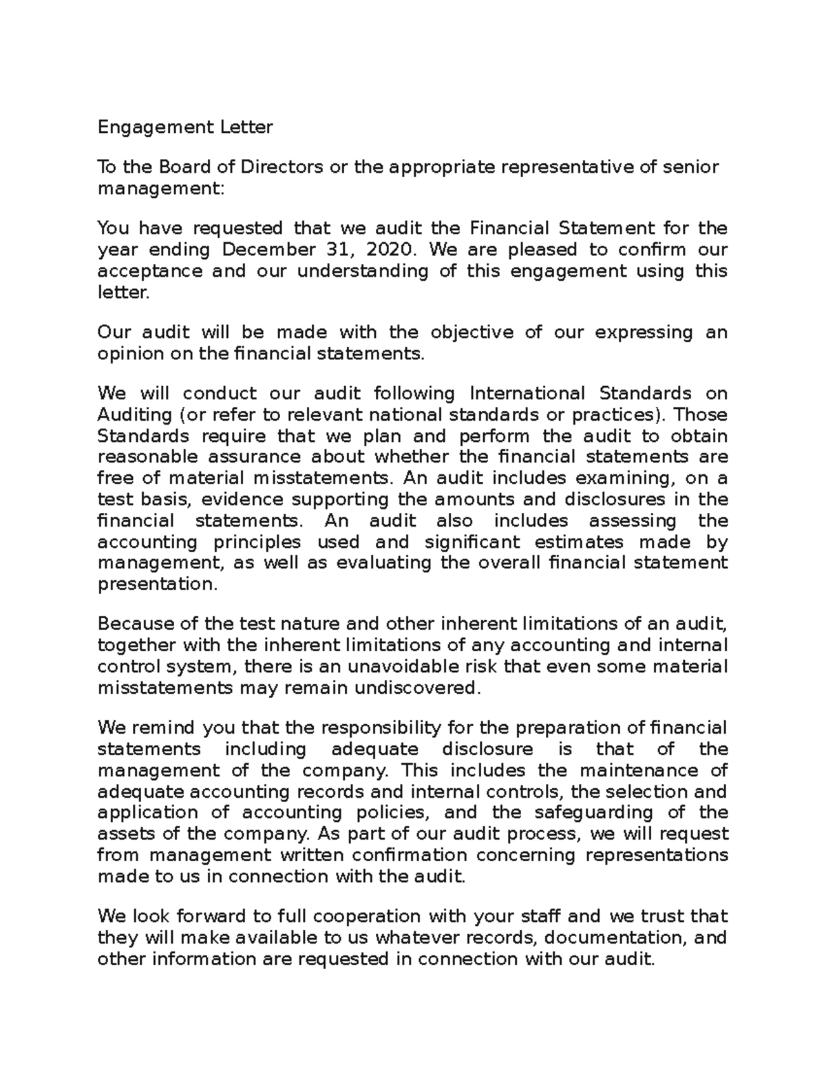 Sample Engagement Letter - Engagement Letter To the Board of Directors ...